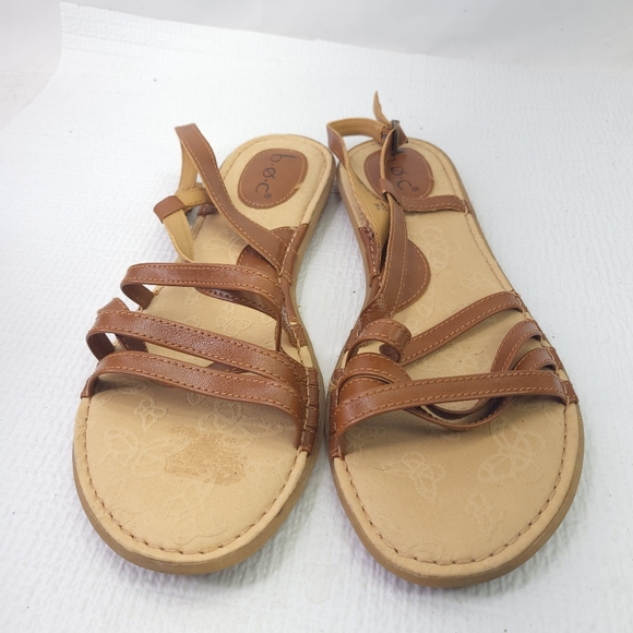 boc | Shoes | Boc Sandals Brown Faux Leather Strappy Flats Sling Back ...